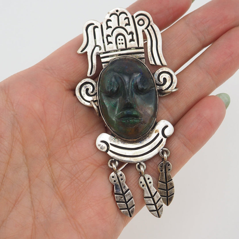 Vintage Silver Mexican Face Brooch - Aztec or Mayan Tribal Warrior ...